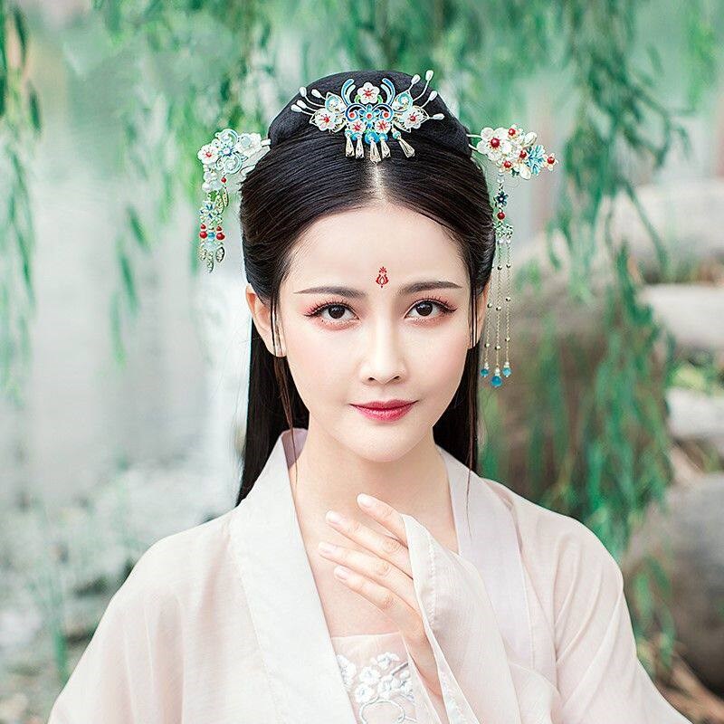 Chinese Hanfu Metal Tassel Hair  Blue Flower Hair Crown 3pcs