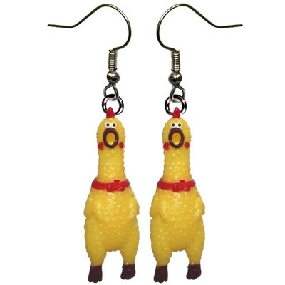 1Pair Squawking Rubber Chicken Earrings- Rooster Chick Novel