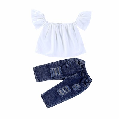Kids Strapless Plain Tops Ripped Jeans Set Childrens Straple