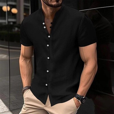 Summer 2025 Mens Casual LinenCotton Short Sleeve Shirt Stand