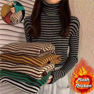 Womens Striped Turtleneck Sweater Autumn and Winter Knit