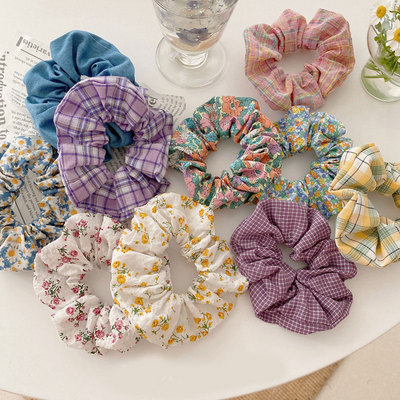 Women Floral Plaid Hair Scrunchies Vintage Wild Hair Ring El