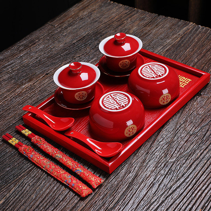 锦鲤结婚敬茶杯喜碗套装结婚碗筷喜杯改口杯陪嫁红碗对杯婚庆用品