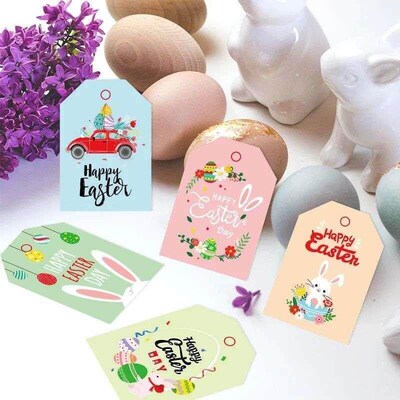 48Pcs/Set Easter Theme Gift Tags Paper Label With Rope Hangi