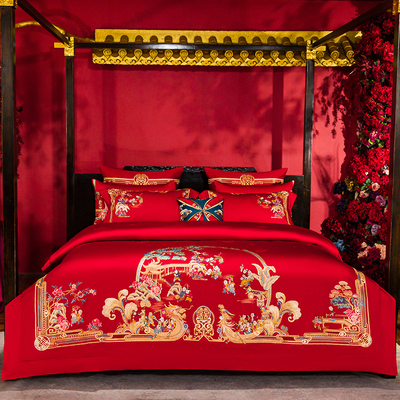 思辰家纺婚庆四件龙凤大红百子图刺绣喜被高档婚房结婚床上用品