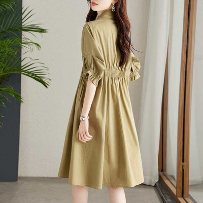Elegant Dress Tight Waist Slimming Mid-length Lantern Sleeve