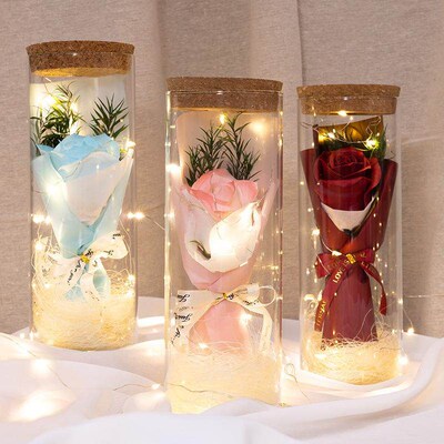 Rose Flower Soap Bouquet And LED Light String In Bottle