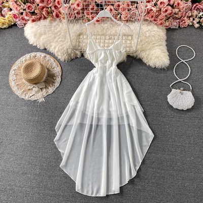 Summer Black/White Irregular Spaghetti Strap Long Dress