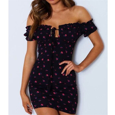 Women Floral Wrap Dress Off Shoulder Tie Up Front Ruffle Min