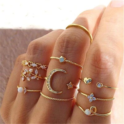 Silver Color Crystal Rings Set for Women, Cubic Zirconia Moo