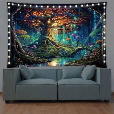 Colorful psychedelic forest pattern tapestry patio