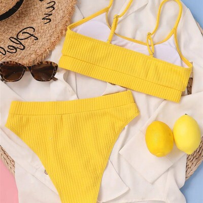 Sexy Solid Yellow Bikini 2024 Mujer High Cut Pleate Womens
