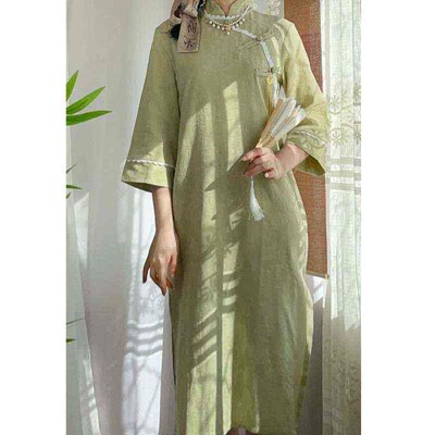 2019Ancient cheongsam retro artistic cotton and linen dress,