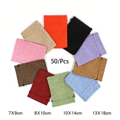 50Pcs/Lot Drawstring Natural Burlap Bag Jute Gift Bags Multi