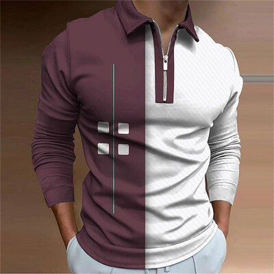 Patchwork Pattern Print Polo Shirt for Men Ventilate Lapel