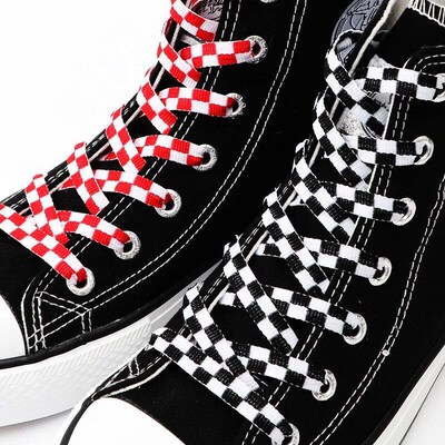 Checkered Grid Shoelaces for Shoes Flat Black and White Plai
