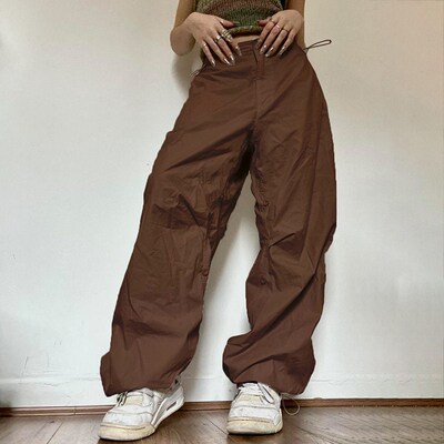 Women Casual Wide Leg Cargo Pants Vintage Low Waist Drawstri