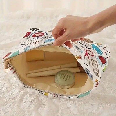 Medical Graffiti Printed Corduroy Makeup Bag, Lightweight Zi