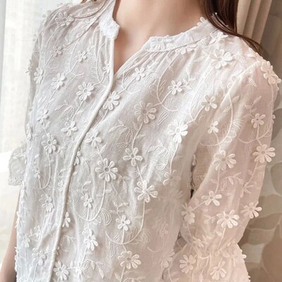 Womens Cotton Short Sleeve Lace Blouse, Summer ops, Embroid