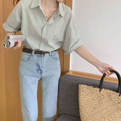 Deeptown Elegant and Youth Woman Blouses Striped Green Shirt