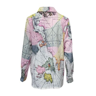 Womens Lapel Button Shirt World Map Print Long Sleeve