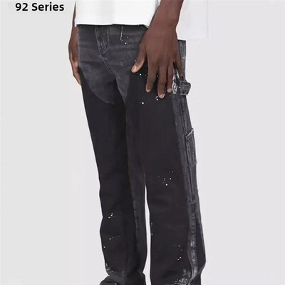 Mens denim work pants flared pants弹力贴布牛仔叠层喇叭裤