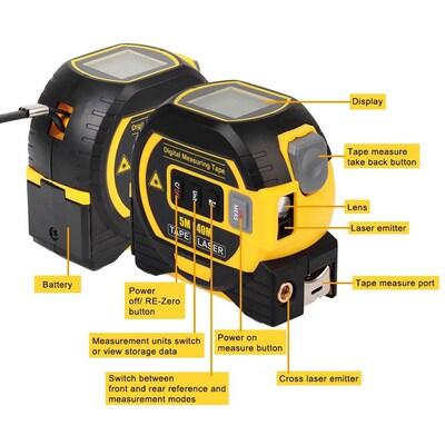 3 in 1 Laser Rangefinder 5M Tape Measure Ruler LCD Display w