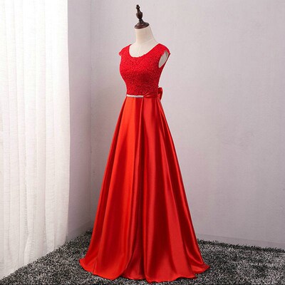 Beauty-Emily Hot Satin O Neck Evening Dresses A Line Lace El