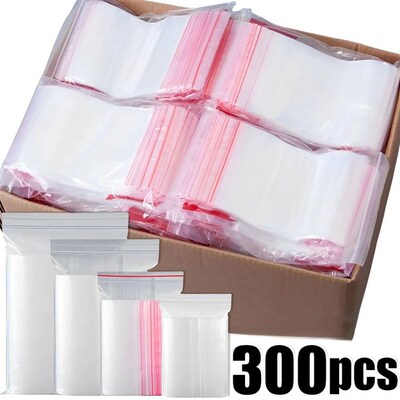 100/300Pcs Thicken Zipper Sealed Bags Clear Plastic Storage