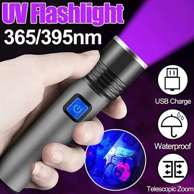 365/395nm+UV+Flashlight+Blacklight+Zoomable+USB+Rechargeable