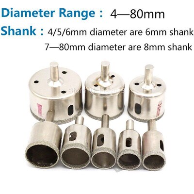 6/8mm Shank 4mm-80mm Diamond Coated Drill Bit Set Tile Marbl