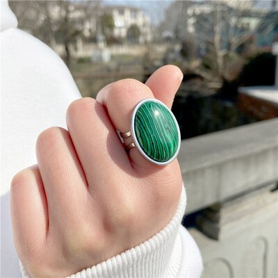 Natural Stone Ring for Women Vintage Silver Color Aventurine