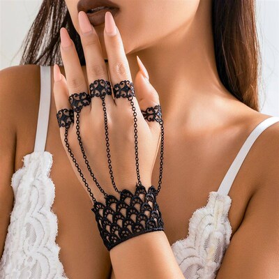 Creative Vintage Black Lace Finger Wrist Chain Rings Bracele