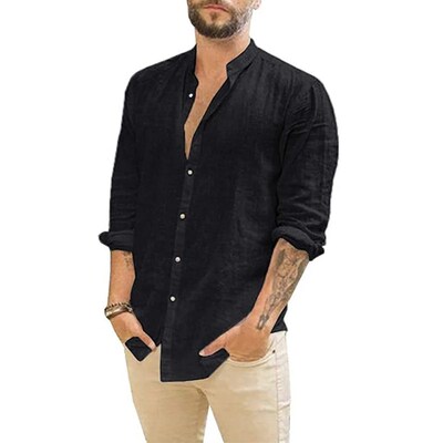 Cotton Linen Hot Sale Mens Long-Sleeved Shirts Summer Solid