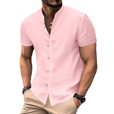 Summer 2025 Mens Casual LinenCotton Short Sleeve Shirt Stand