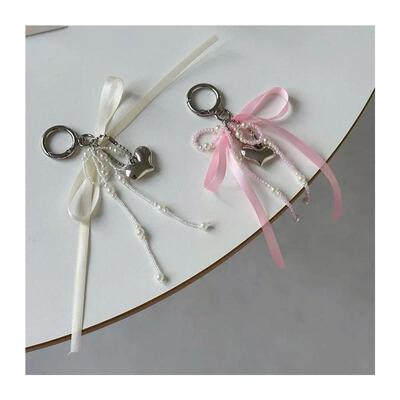 Imitation Pearl Bow Key Ring Ribbon Beaded Keychain Korean