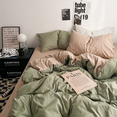 Solid color four piece cotton bed sheet and duvet cover