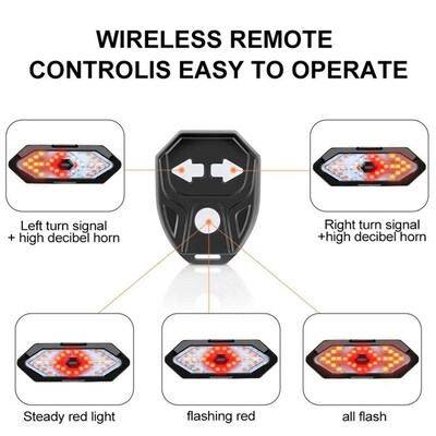 Bike Turn Signal Rear Light Remote Bicycle Lights LED USB Re