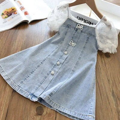 Children Girls Beads Lace Sleeve Denim  Dress Toddler  Fashi
