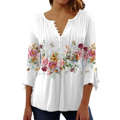 2025 Fashion Womens Floral Print V-neck Short Sleeve Pleate