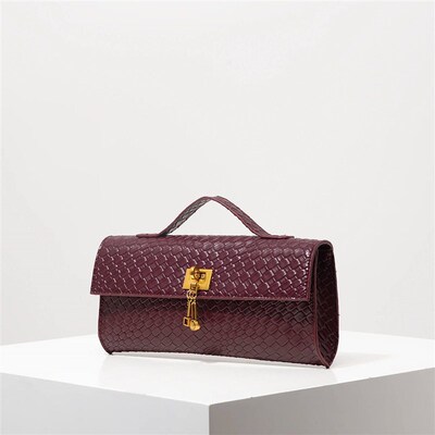 Vintage Faux Leather Woven Baguette Bag, Flap Women Clutch,