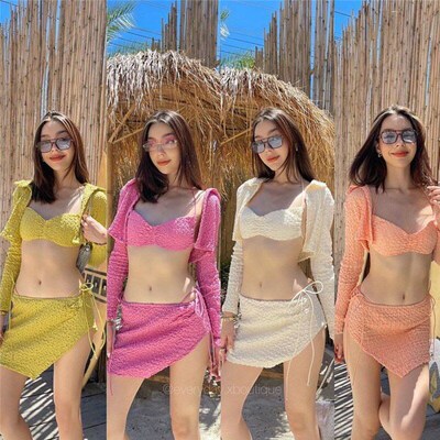 CandyColored Long Sleeve 4Piece Bikini Set Resort Style Stra