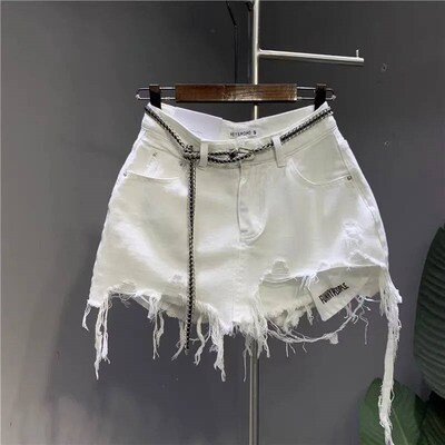 2024 New Korean White Raw Irregular Denim Skirt Womens Anti
