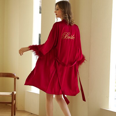2021 New Women FEATHER Bride Bridesmaid Wedding Robe Satin K