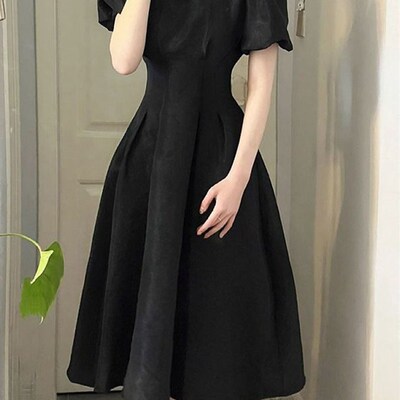 Vintage Dress Women Summer Square Collar Puff Sleeve High