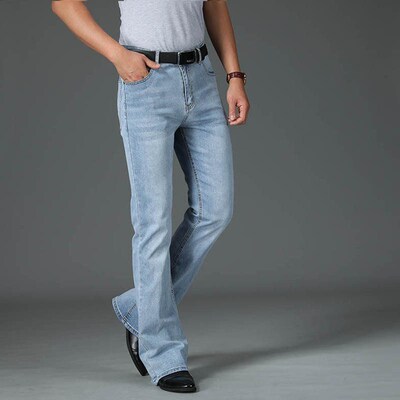 Mens Flared Jeans High Waist Elastic Loose Flared Denim Wid