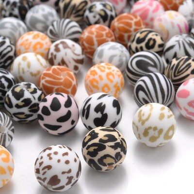 10Pcs Colorful Leopard Pattern Teether Beads 15mm BPA Free R
