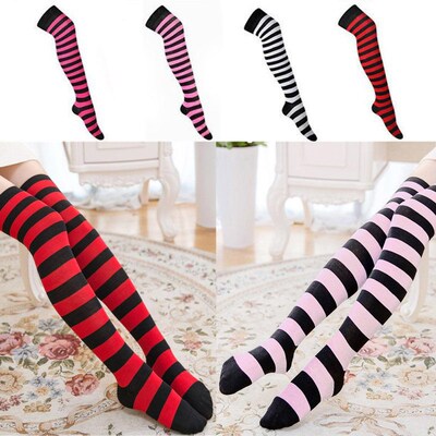 New Women Girls Over Knee Socks Stocking Long Stripe Printed