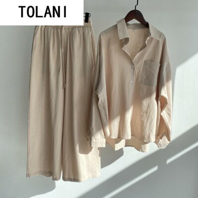 Ladies 2 Piece Set 2022 Cotton Linen Shirt Suit Loose Pants