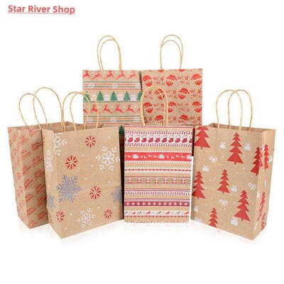 5pcs Kraft Paper Gift Bags Snowflakes Merry Christmas Candy